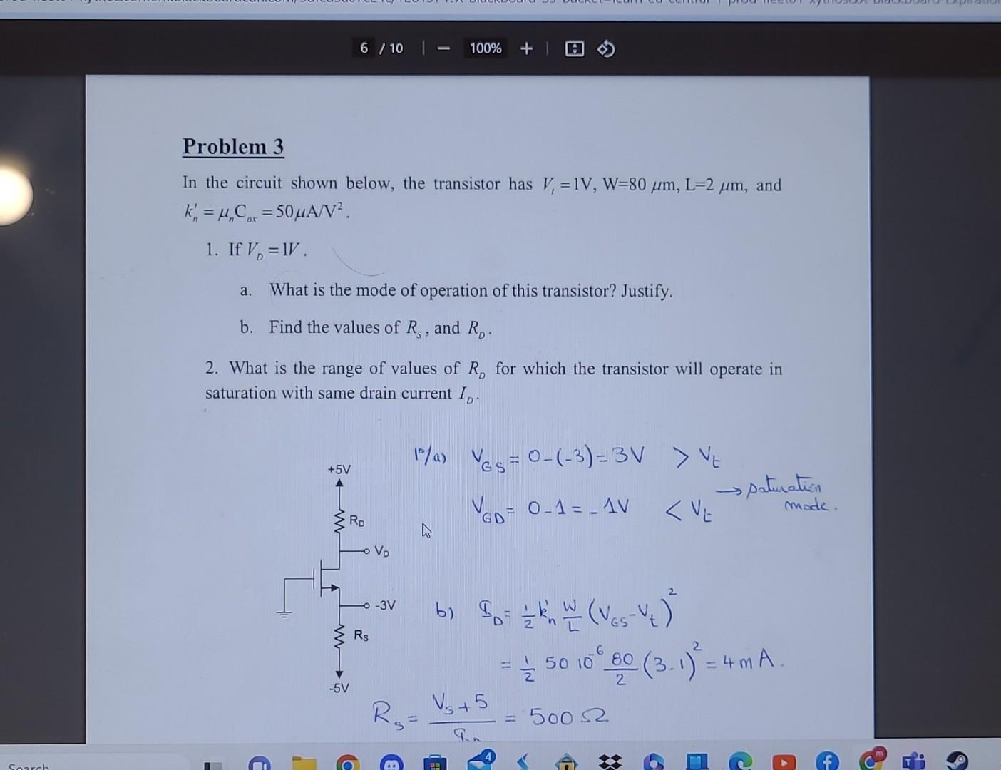 Solved In the circuit shown below, the transistor has Vt=1 | Chegg.com