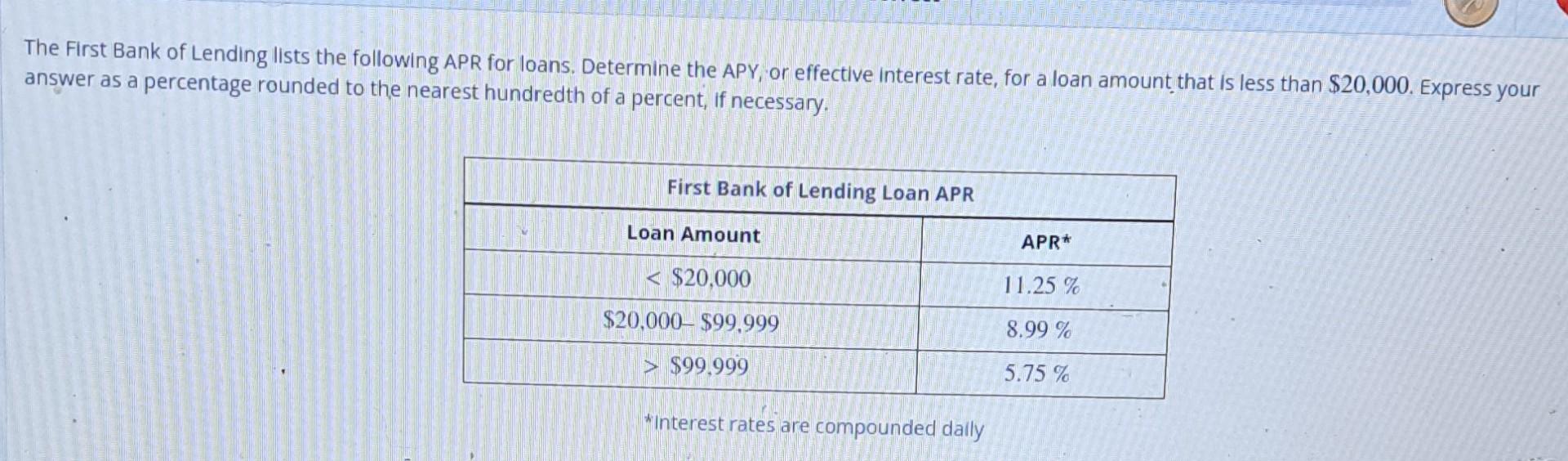 Solved The First Bank of Lending lists the following APR for | Chegg.com