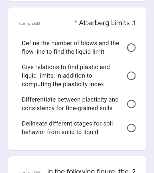 Solved نقطة واحدة Atterberg Limits .1 Define the number of | Chegg.com