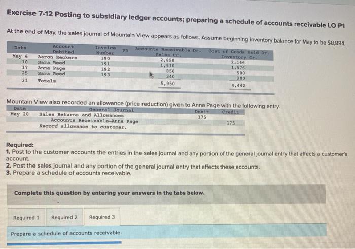 Solved Exercise 7-12 Posting to subsidiary ledger accounts; | Chegg.com