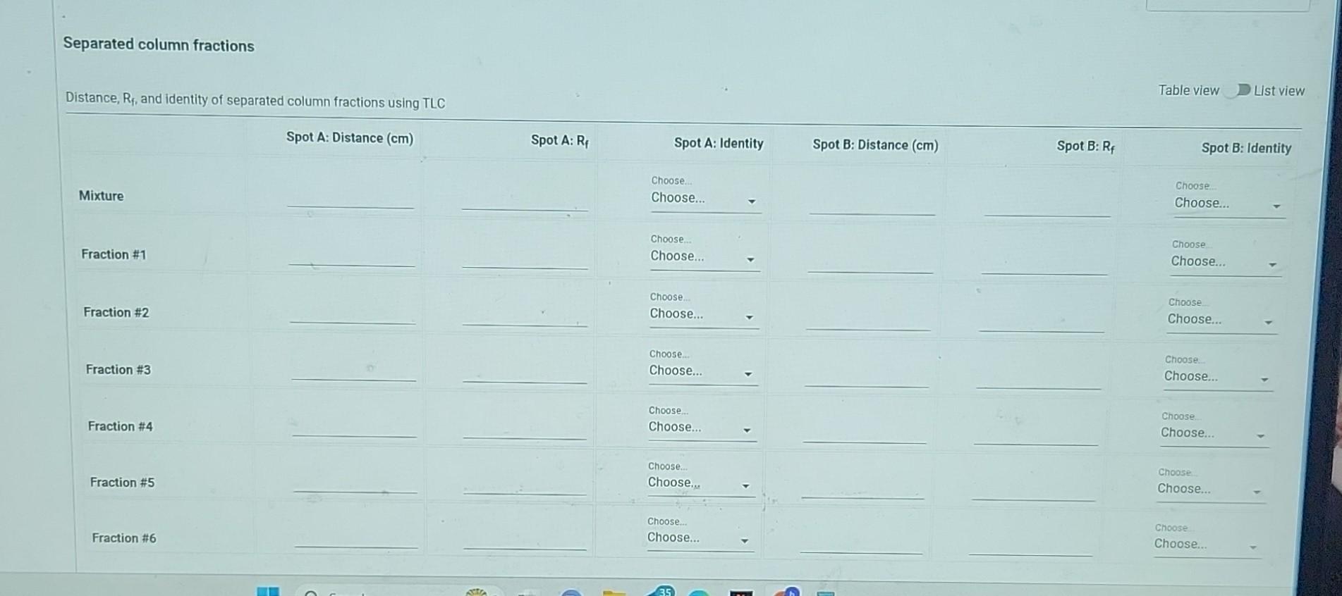 Separated column fractions Distance, Rf, and identity | Chegg.com