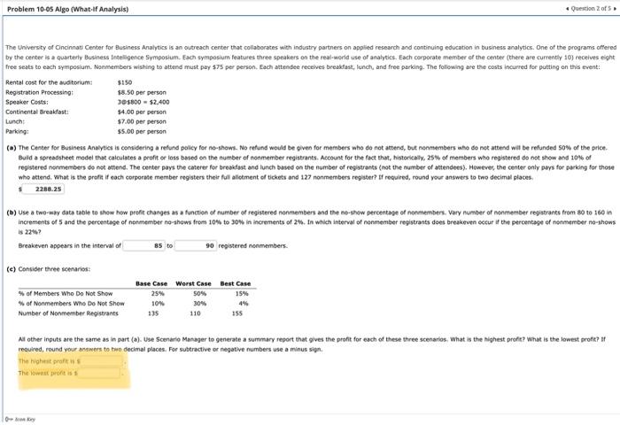 Solved Problem 10-05 Algo (What-If Analysis) - Question 2 of | Chegg.com