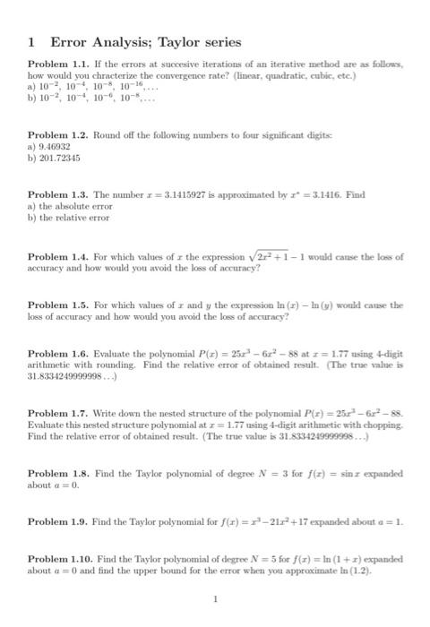Solved 1 Error Analysis; Taylor series Problem 1.1. If the | Chegg.com