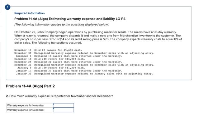 Solved Problem 11-4A (Algo) Estimating warranty expense and | Chegg.com