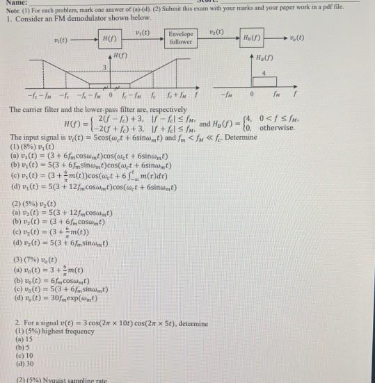 Name: Note: (l) For each problem, mark one answer of | Chegg.com