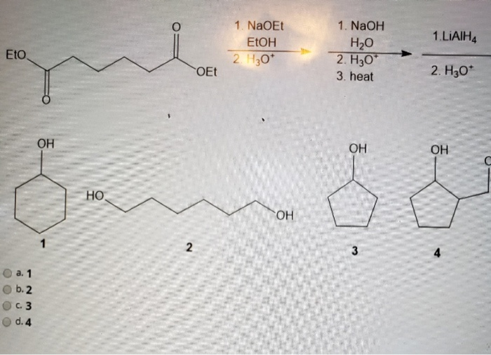 Solved 1. NaOEt EtOH 2 H30* 1. LiAIH4 Eto 1. NaOH Н,0 2. | Chegg.com