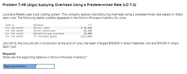 Solved Problem 7.49 (Algo) ﻿Applylng Overhead Using a | Chegg.com