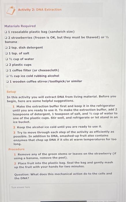Solved Activity 2: DNA Extraction Materials Required 1 | Chegg.com