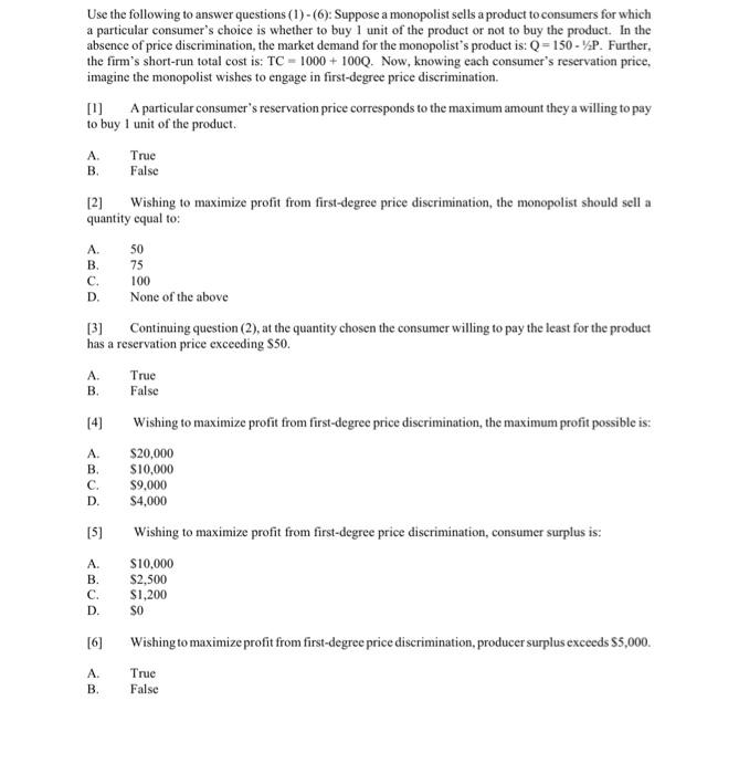 Solved Use the following to answer questions (1) - (6): | Chegg.com