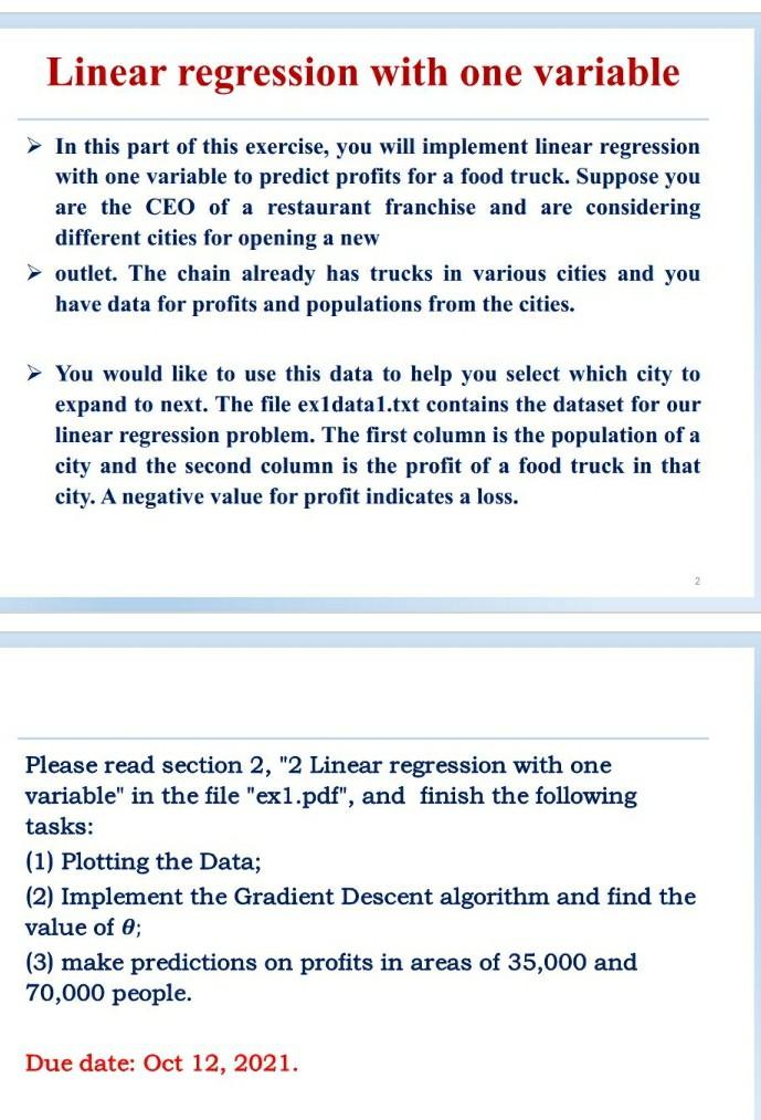 Linear regression with one variable In this part of | Chegg.com