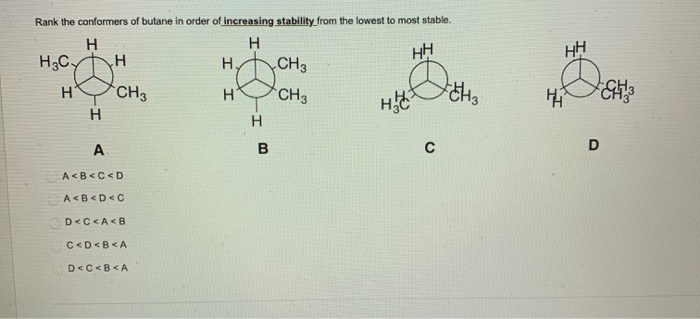 Solved Rank the conformers of butane in order of increasing | Chegg.com