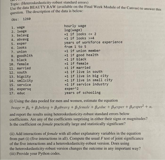 Solved Topic Heteroskedasticity Robust Standard Errors