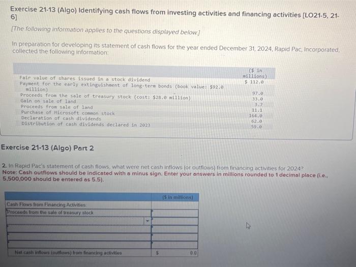 Solved Exercise 21-13 (Algo) Identifying cash flows from | Chegg.com