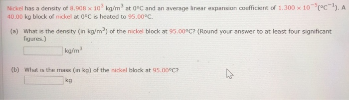 Solved (°C-1). A Nickel has a density of 8.908 x 10 kg/m3 at | Chegg.com
