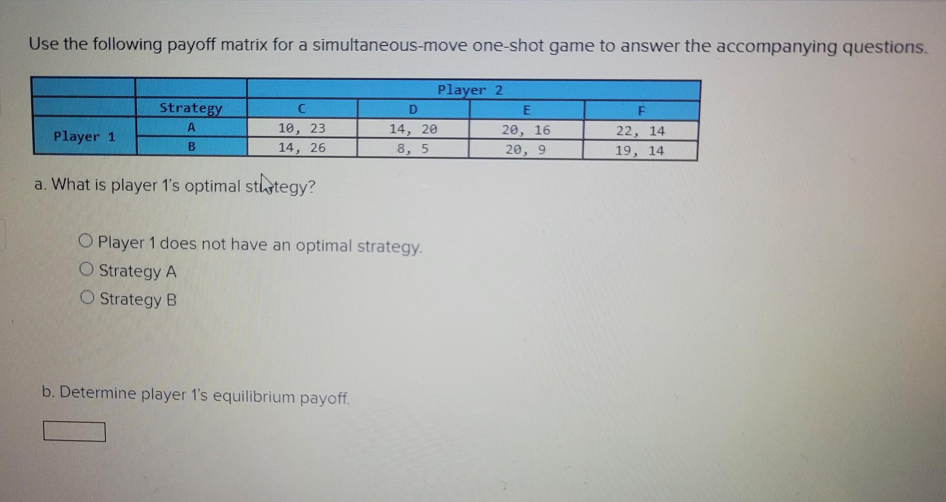 Solved Use the following payoff matrix for a | Chegg.com