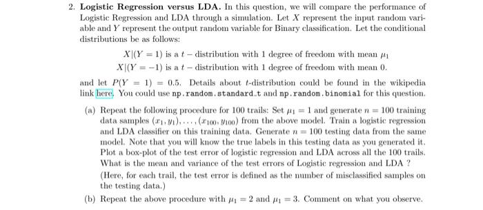 Solved 2. Logistic Regression versus LDA. In this question, | Chegg.com