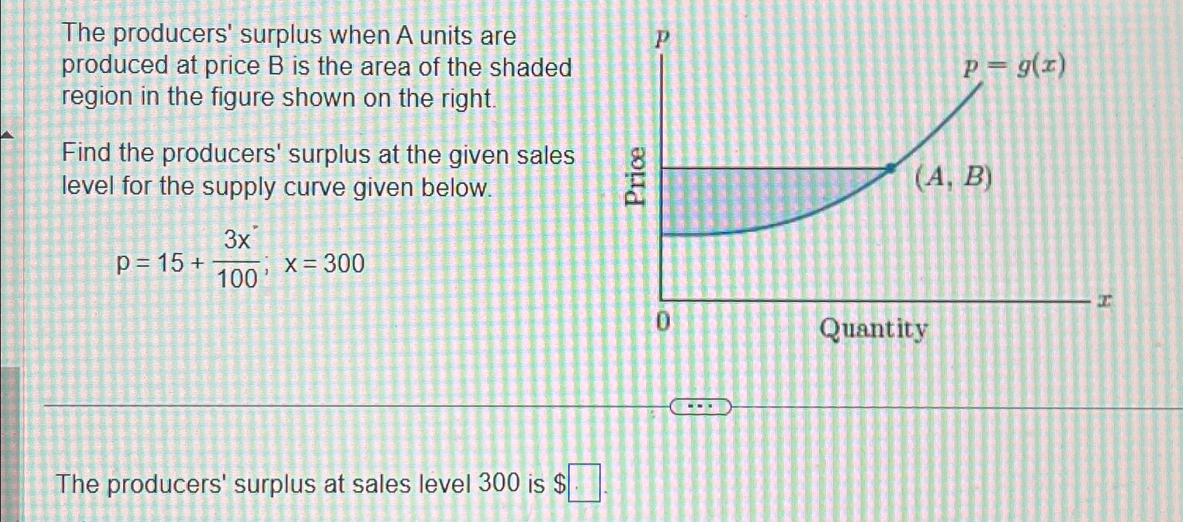 Solved The producers' surplus when A units are produced at | Chegg.com
