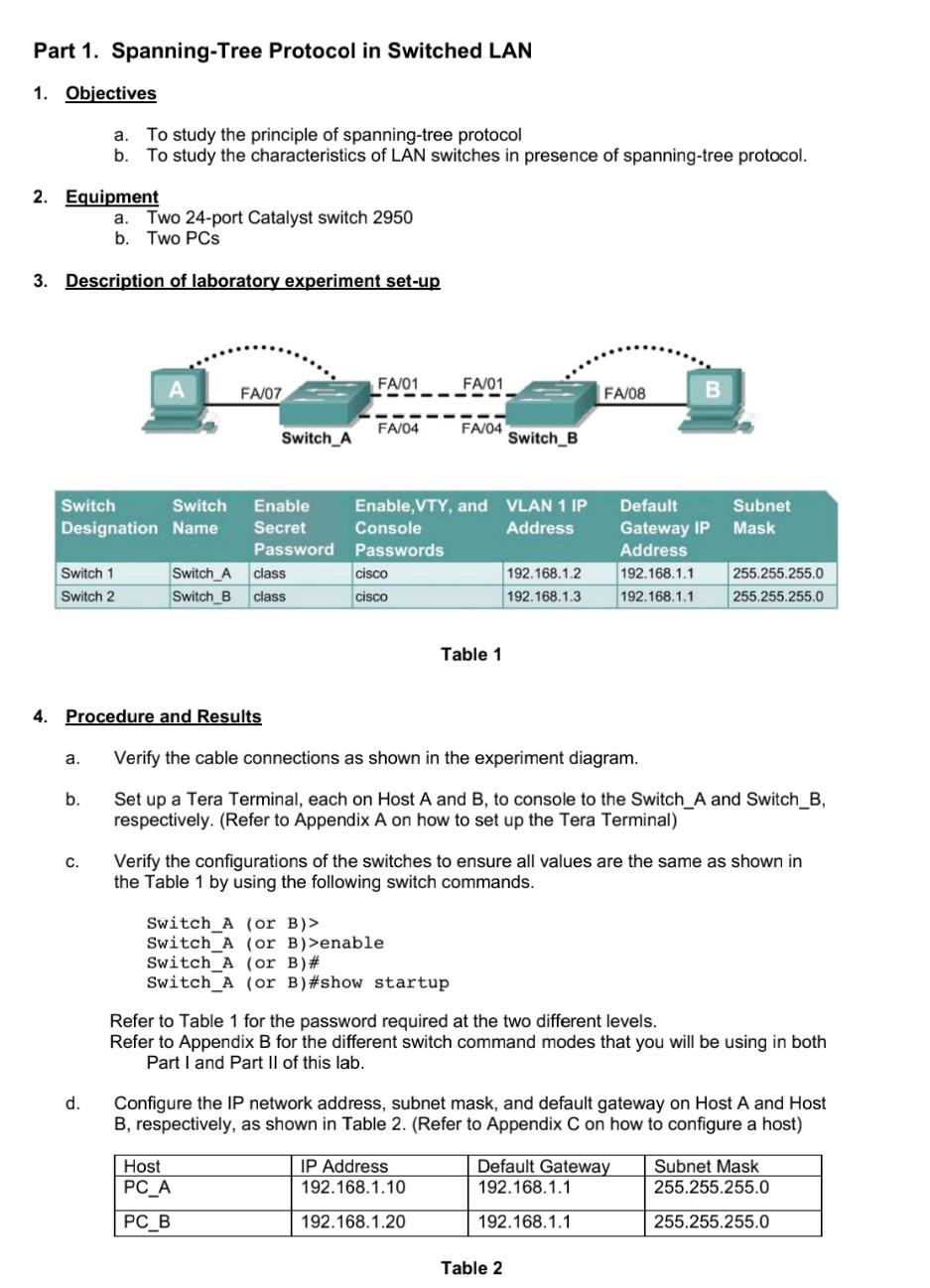 Part 1. Spanning-Tree Protocol in Switched LAN 1. | Chegg.com