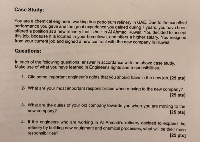 Solved Case Study: You are a chemical engineer, working in a | Chegg.com