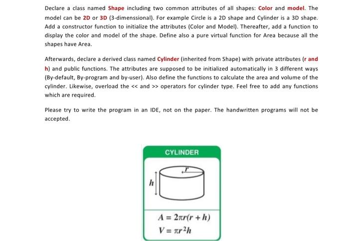 Solved Declare a class named Shape including two common | Chegg.com