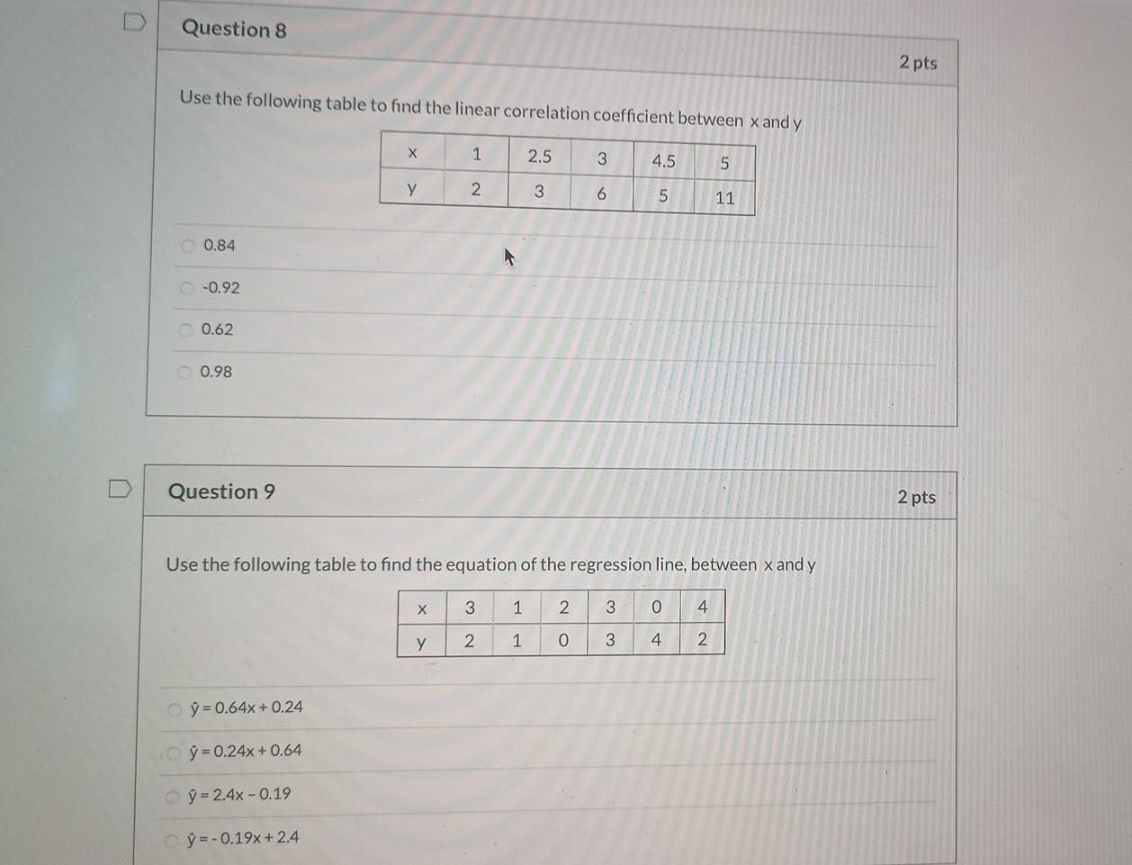 Solved Question 8 2 pts Use the following table to find the | Chegg.com