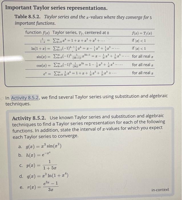 Important Taylor series representations. Table 8.5.2. | Chegg.com