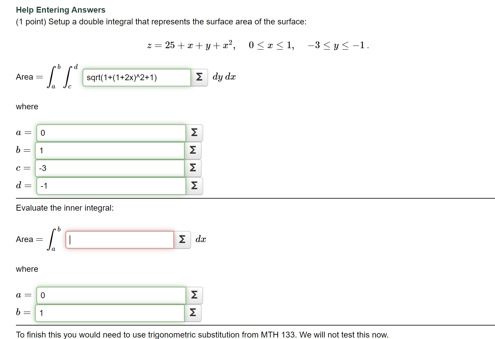 Solved Help Entering Answers(1 ﻿point) ﻿Setup a double | Chegg.com