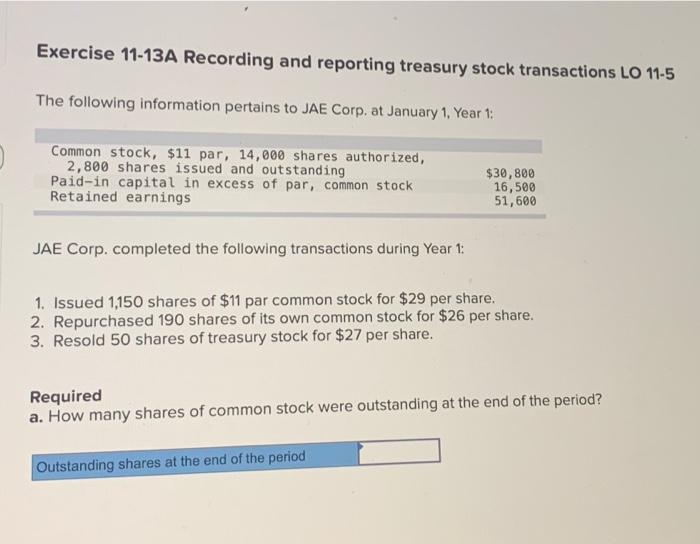 Solved Exercise 11-13A Recording and reporting treasury | Chegg.com