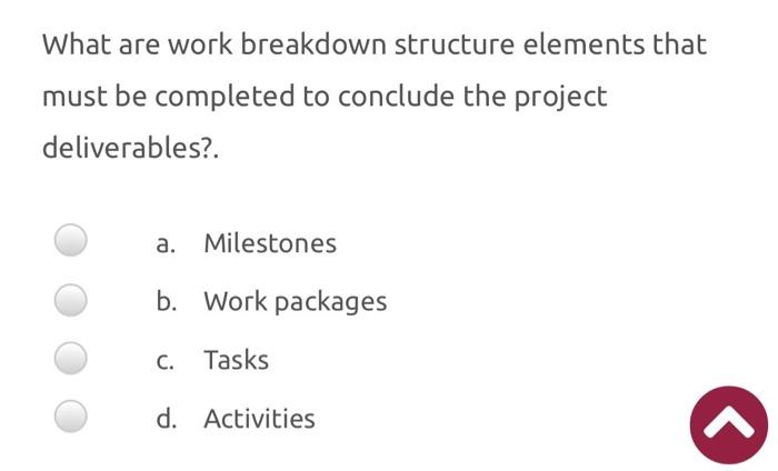 Solved What are work breakdown structure elements that must | Chegg.com