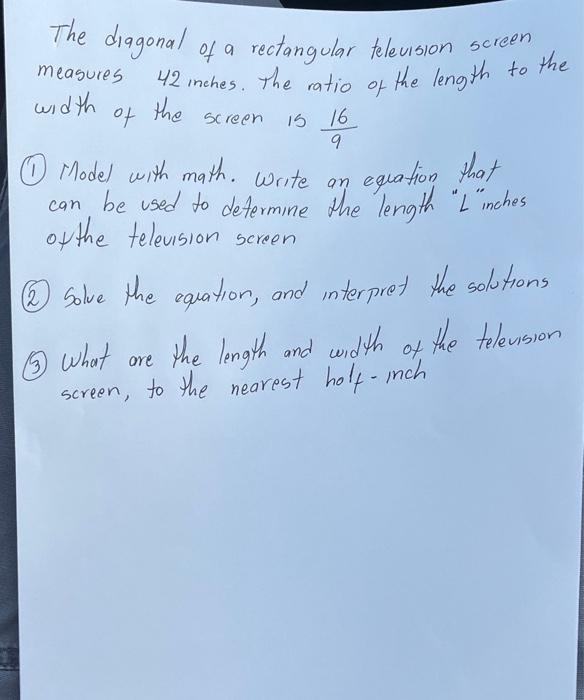 Solved The diagonal of a rectangular television screen | Chegg.com