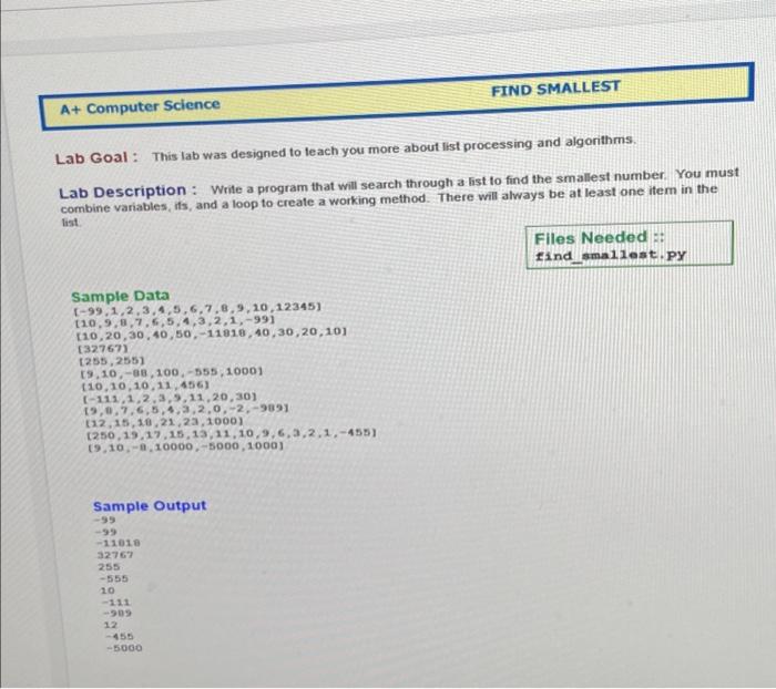 Solved FIND SMALLEST A+ Computer Science Lab Goal: This lab | Chegg.com