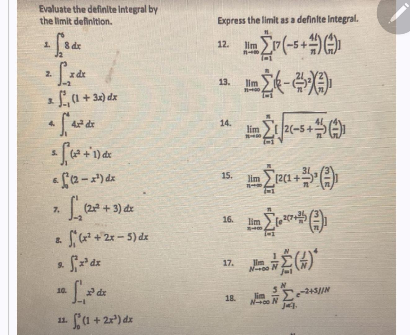 Solved Evaluate the definite integral by the limit | Chegg.com