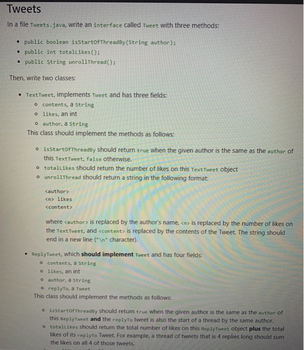 Tweets In a file Tweets.java, write an interface | Chegg.com