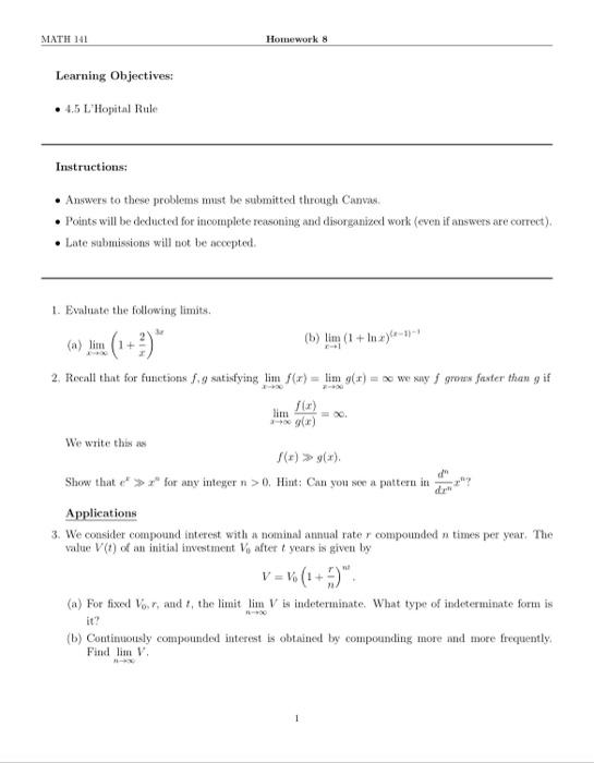MATH 141 Learning Objectives: 4.5 L'Hopital Rule | Chegg.com