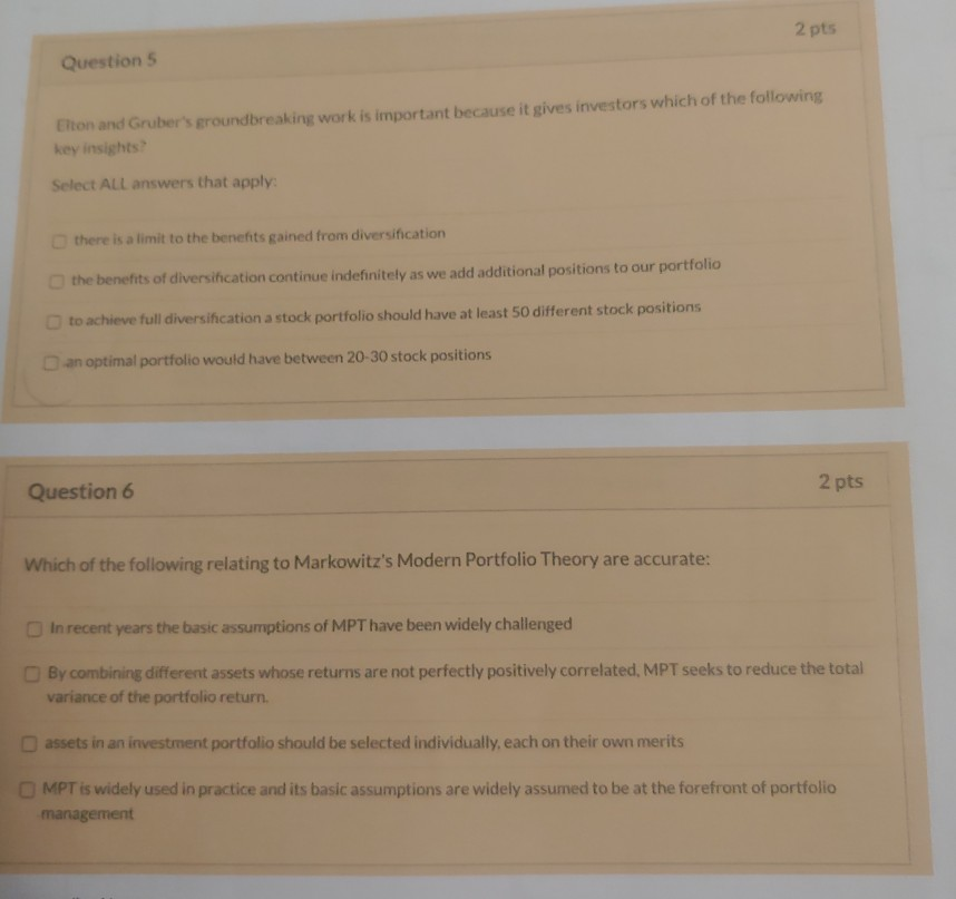 Solved 2 pts Question 5 Elton and Gruber's groundbreaking | Chegg.com
