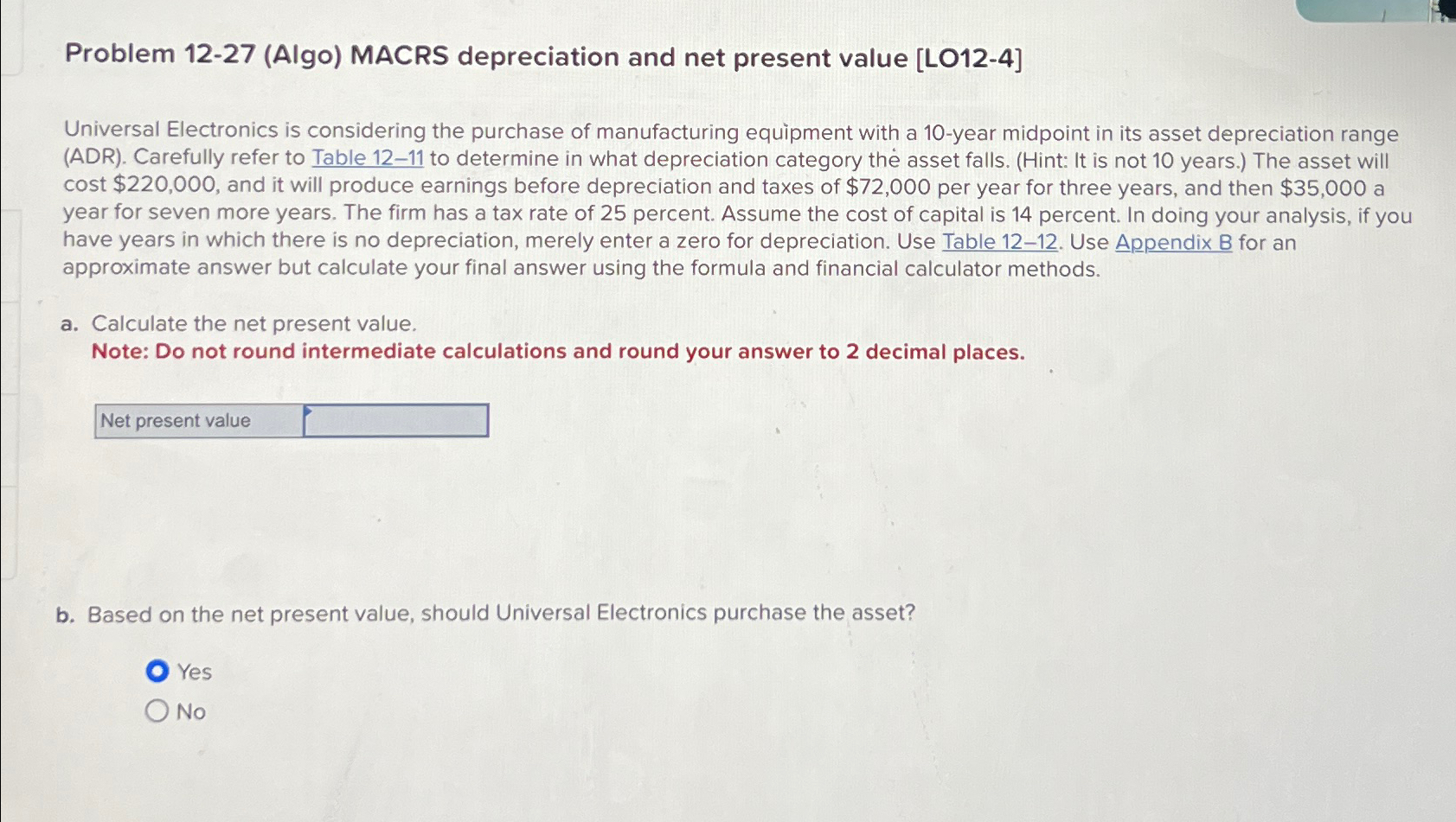 Solved Problem 12-27 (Algo) ﻿MACRS depreciation and net | Chegg.com