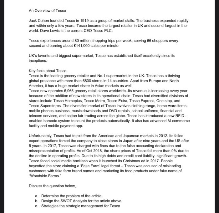 Solved An Overview of Tesco Jack Cohen founded Tesco in 1919 | Chegg.com