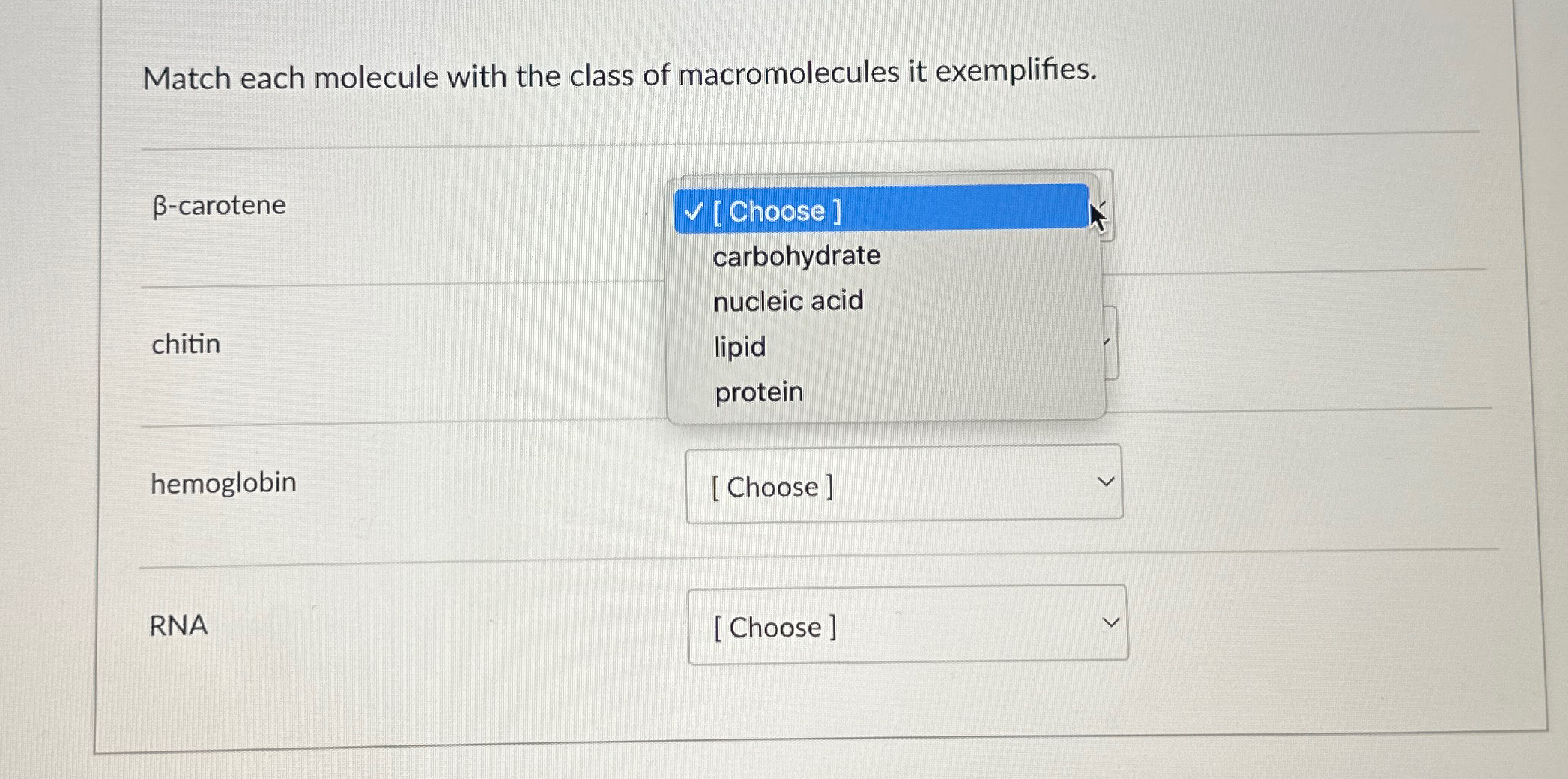 Solved Match each molecule with the class of macromolecules | Chegg.com