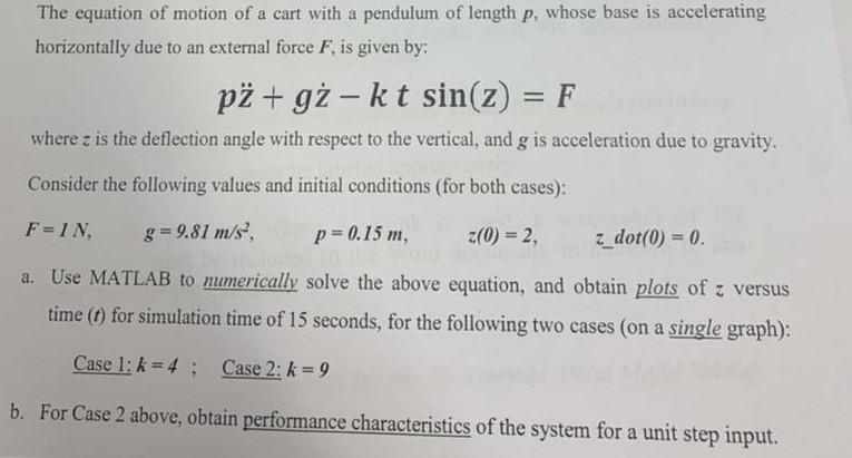 The equation of motion of a cart with a pendulum of | Chegg.com