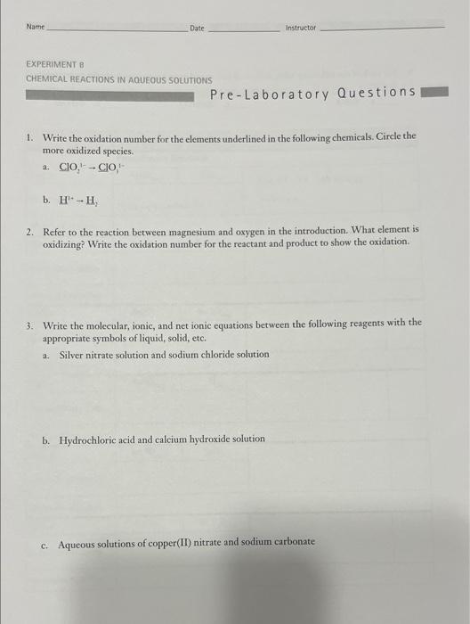 Solved Name Date Instructor EXPERIMENT B CHEMICAL REACTIONS | Chegg.com