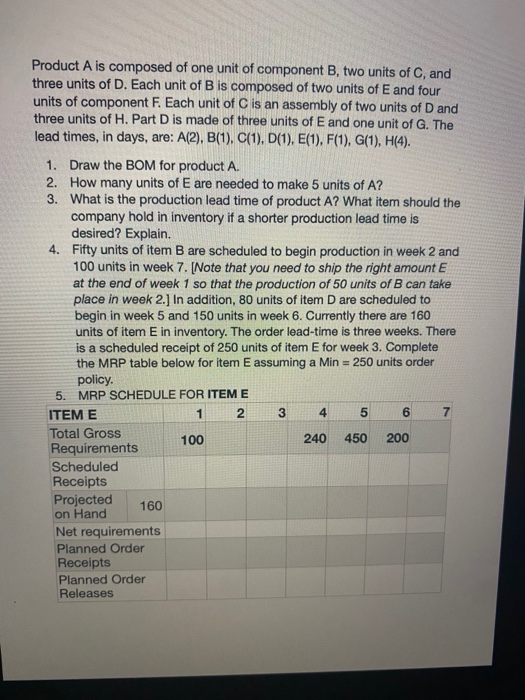 Solved Product A is composed of one unit of component B, two | Chegg.com