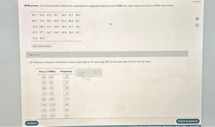 Solved BMW prices: The following table presents the | Chegg.com