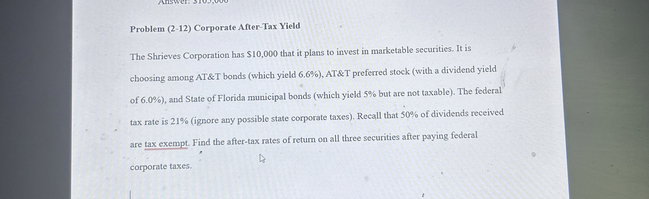 How to solve Problem (2-12) ﻿Corporate After-Tax | Chegg.com