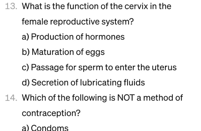 Solved Biology What Is The Function Of The Cervix In The