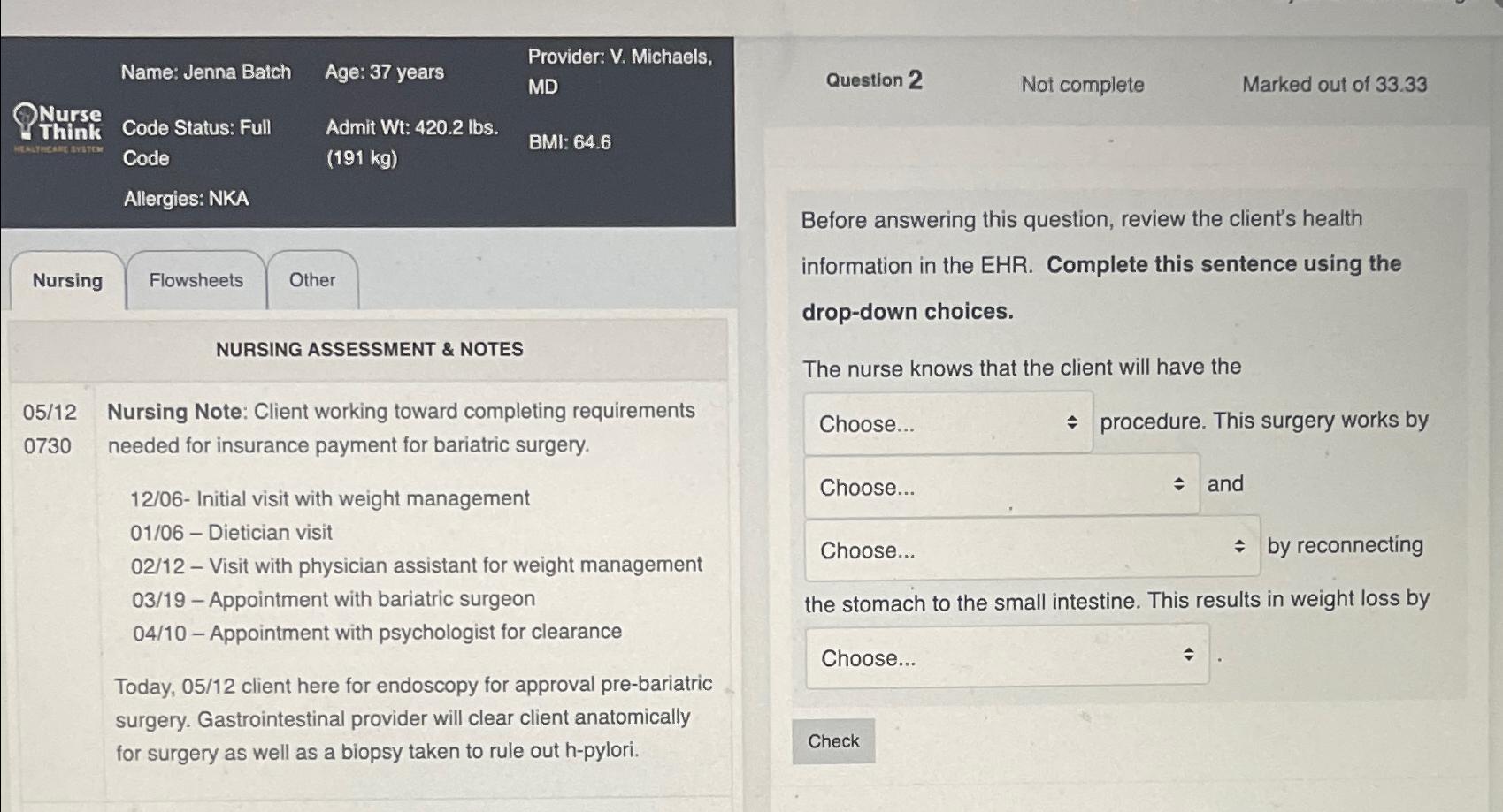 Solved \table[[PNurse,Name: Jenna Batch,Age: 37 | Chegg.com