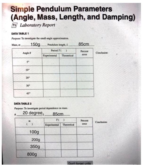 Solved Simple Pendulum Parameters (Angle, Mass, Length, and | Chegg.com