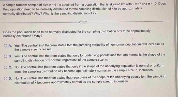 Solved A simple random sample of size n = 41 is obtained | Chegg.com