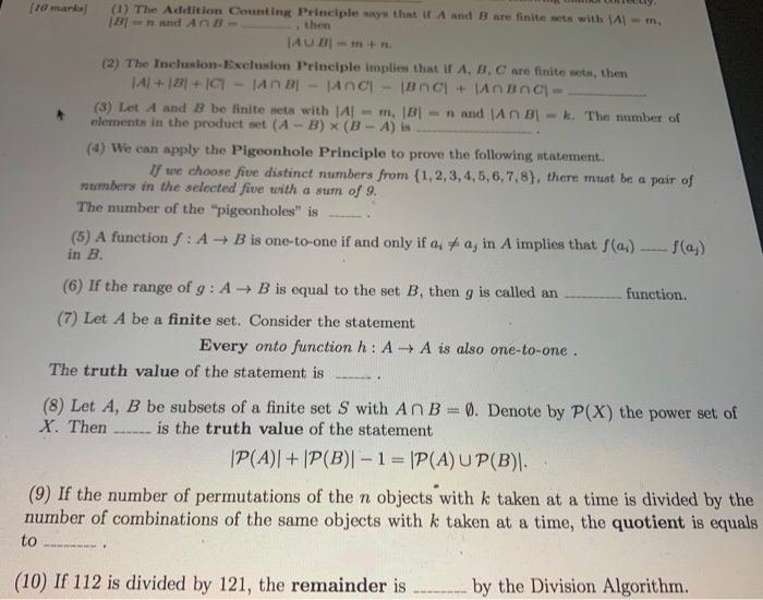 Solved (10 marka (1) The Addition Counting Principle says | Chegg.com