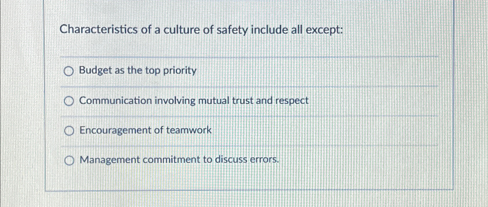 Solved Characteristics of a culture of safety include all | Chegg.com