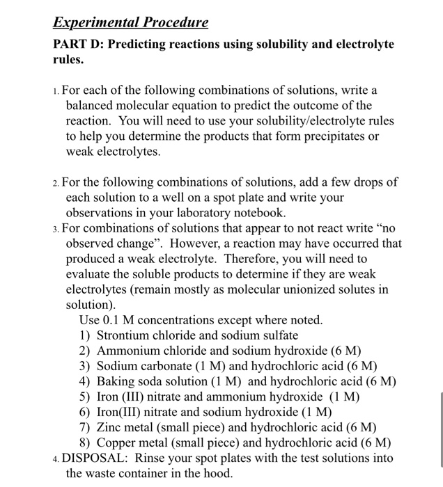 Solved Experimental Procedure PART D: Predicting reactions | Chegg.com